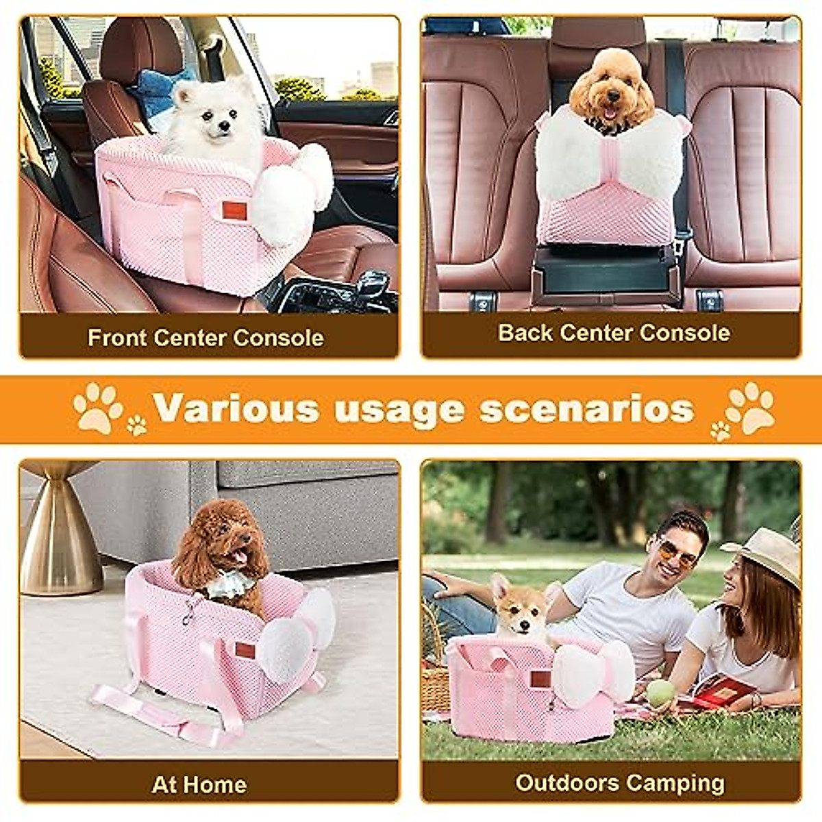 LOOBANI Center Console Dog Car Seat on Car Armrest, Comfortable Dog Car Seats for Small Dogs Cats to See Out Window Up to 12 Lbs, Portable Dog Booster Seat Fits Perfectly for Car, Travel, Home (Pink)