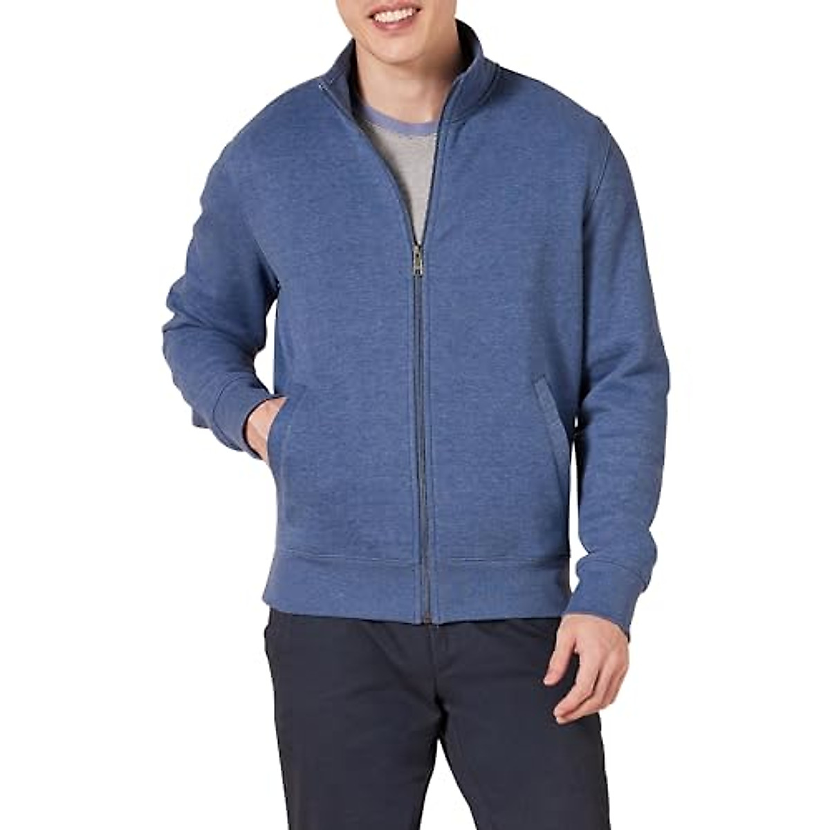 Amazon Essentials Men's Sweatshirt, Mock Neck, Fleece Zip Up, Blue Heather, Large
