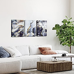 Creoate Abstract Wall Art 3 Pieces Navy Blue Gold Canvas Painting Print Wall Art Wrapped Canvas Art Set Modern Home Office Wall Decor for Living Room, Ready to Hang