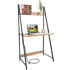 SpringSun Computer Desk with Power Outlet 2-Tier Ladder Computer Table with Storage Bookshelf, USB Charging Ports Modern Writting Table for Office and Home