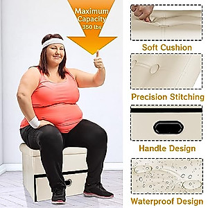 VewePata Folding Storage Ottoman with Drawers, 17 inch, Beige, Leather