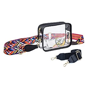 KlaOYer 2 Adjustable Strap PVC Clear Crossbody Bags with Silk, Stadium Approved Transparent Shoulder Bag Handbag Small Square Phone Bag Zipper Purse (Black 1)