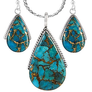 Turquoise Necklace Pendant & Earrings Set Genuine Turquoise 20" Necklace (Teal/Matrix Turquoise)