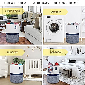 COMSE Extra Large Blanket Basket, Tall Storage Basket, 15.7”x 21.7”, Tall Rope Laundry Basket, Cotton Rope Basket, XXXL Laundry Basket, Toy Basket, Woven Basket, Clothes Baskets, Blend White/Navy Blue