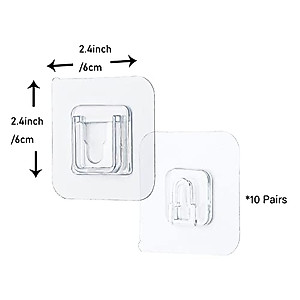 10 Pairs Double Sided Adhesive Hooks 5KG(Max) -Wall Hooks for Hanging,Without Punching and Nails,Transparent Hook Easy to Paste for Kitchen Bathroom Hooks,20 Psc