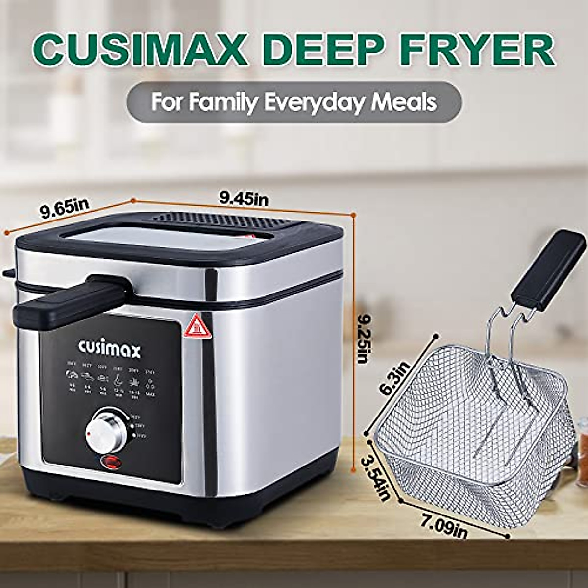 Deep Fryer CUSIMAX Electric Deep Fryer with Basket and Drip Hook, 2.6Qt Oil Capacity Fish Fryer, Removable Lid with View Window and Filter, Stainless Steel fryers, 1200W