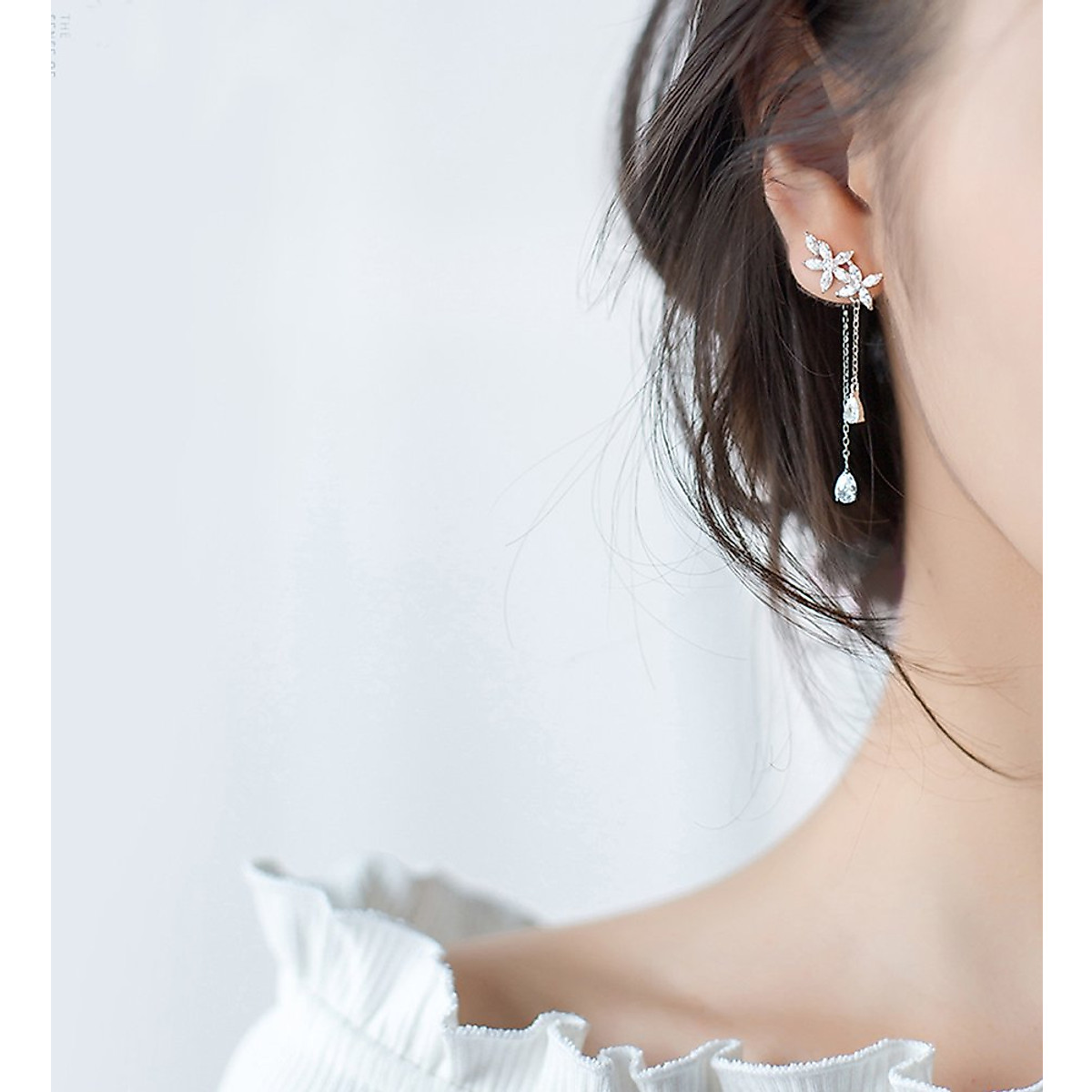 SLUYNZ 925 Sterling Silver CZ Flowers Wrap Earrings Dangle Chain for Women Elegant Bridal Earrings Wedding Engagement Drop Earrings (A-Silver)