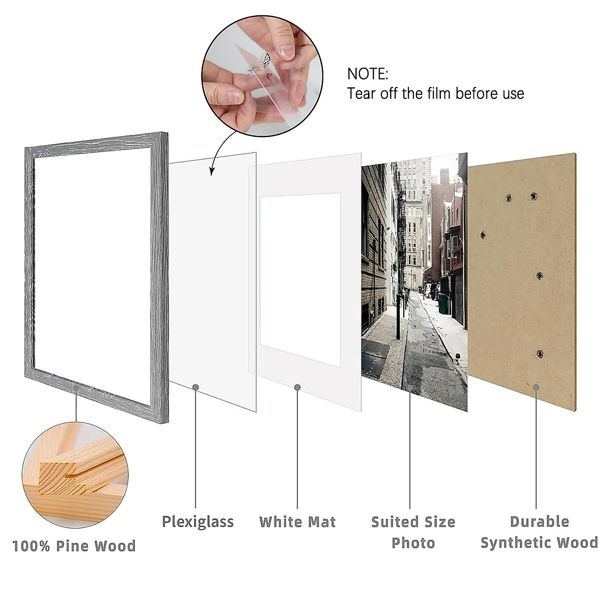 Flocey 11 x 14 Picture Frames set of 2, Made of Solid Wood and Safety Plexiglass Display Pictures 8x10/5-4x6 with Mat or 11x14 Without Mat for Wall Mounting Photo Frames Grey