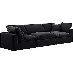 Meridian Furniture 189Black-S119 Comfy Collection Modern | Contemporary Upholstered Modular Sofa with Soft Black Velvet, Down Feather Cushions, 119" W x 40" D x 34.5" H, Black