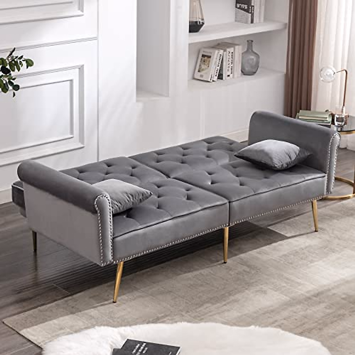 civama Futon Sofa Bed, Velvet 76" Twin Size Couch with 2 Pillows, Convertible 3-Seater 3 Adjustable Angle Tufted Sleeper with Nailhead Trim, Golden Metal Legs Folding Futon for Living Space, Gray