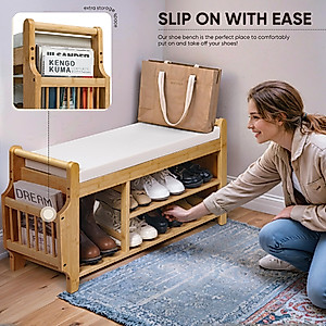 YESHOMY 2 Tier Shoe Rack Bench with Hidden Drawer and Side Holder, Bamboo Storage Organizer for Entryway Hallway Living Room, Nature