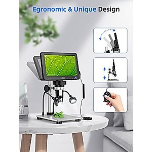Elikliv 7" LCD Digital Microscope 1200X, 1080P Coin Microscope with Wired Remote, 12MP Ultra-Precise Focusing, 10 LED Fill Lights, PC View, Metal Stand, Windows/Mac Compatible, 32GB
