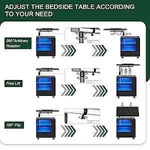 HNEBC LED Nightstand with Wireless Charging Station,Nightstand Has Adjustable Rotary Table,Bedside Tables with One Drawer and 2 Mezzanines/Infrared Induction 3 Color Lighting (On The Right)