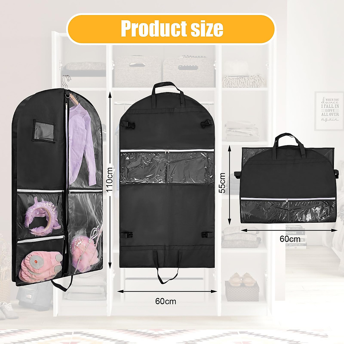 40" Clear Dance Costume Garment Bag for Dancers,Kids Garment Bag for Dance Competitions with 5 Clear Zipper Pockets For Dance Costumes,Dress,Suit,Storage or Travel.