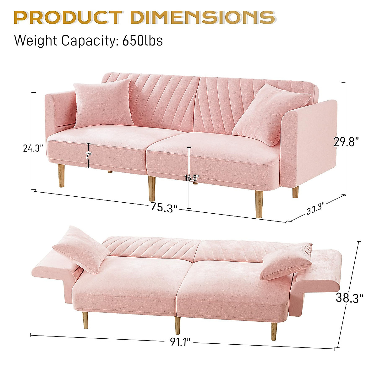 Nolohoo Velvet Futon Sofa Bed, Futon Couch, Small Sofa 75.3" Upholstered Comfy Loveseat Sleeper Sofa with Adjustable Armrests, Mid Century Couches for Living Room, Bedroom, Pink, Velvet