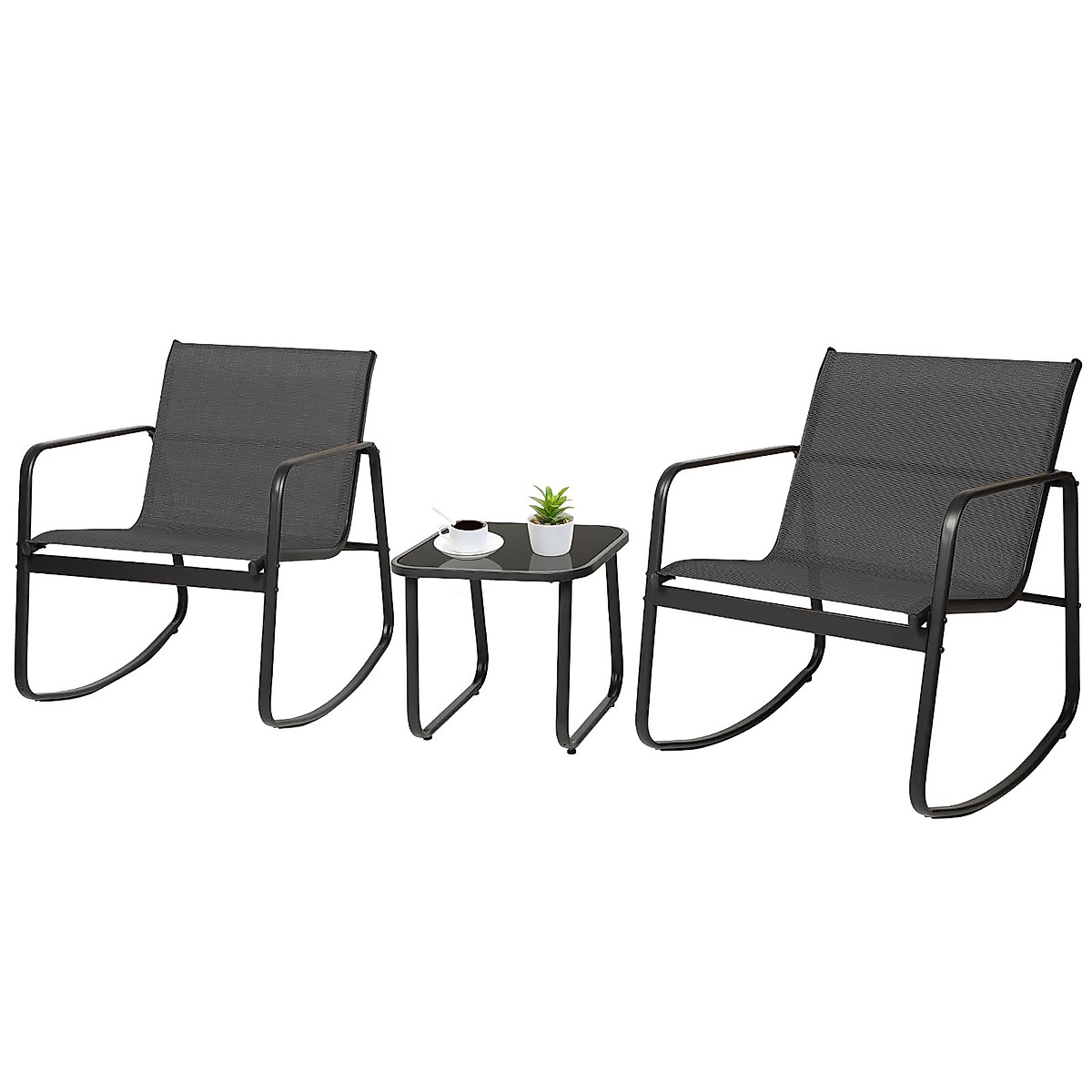 Incbruce Patio 3 Pieces Rocking Bistro Set, Textilene Outdoor Furniture Set with 2PCS Rocking Chair & Glass Coffee Table, Classic Black