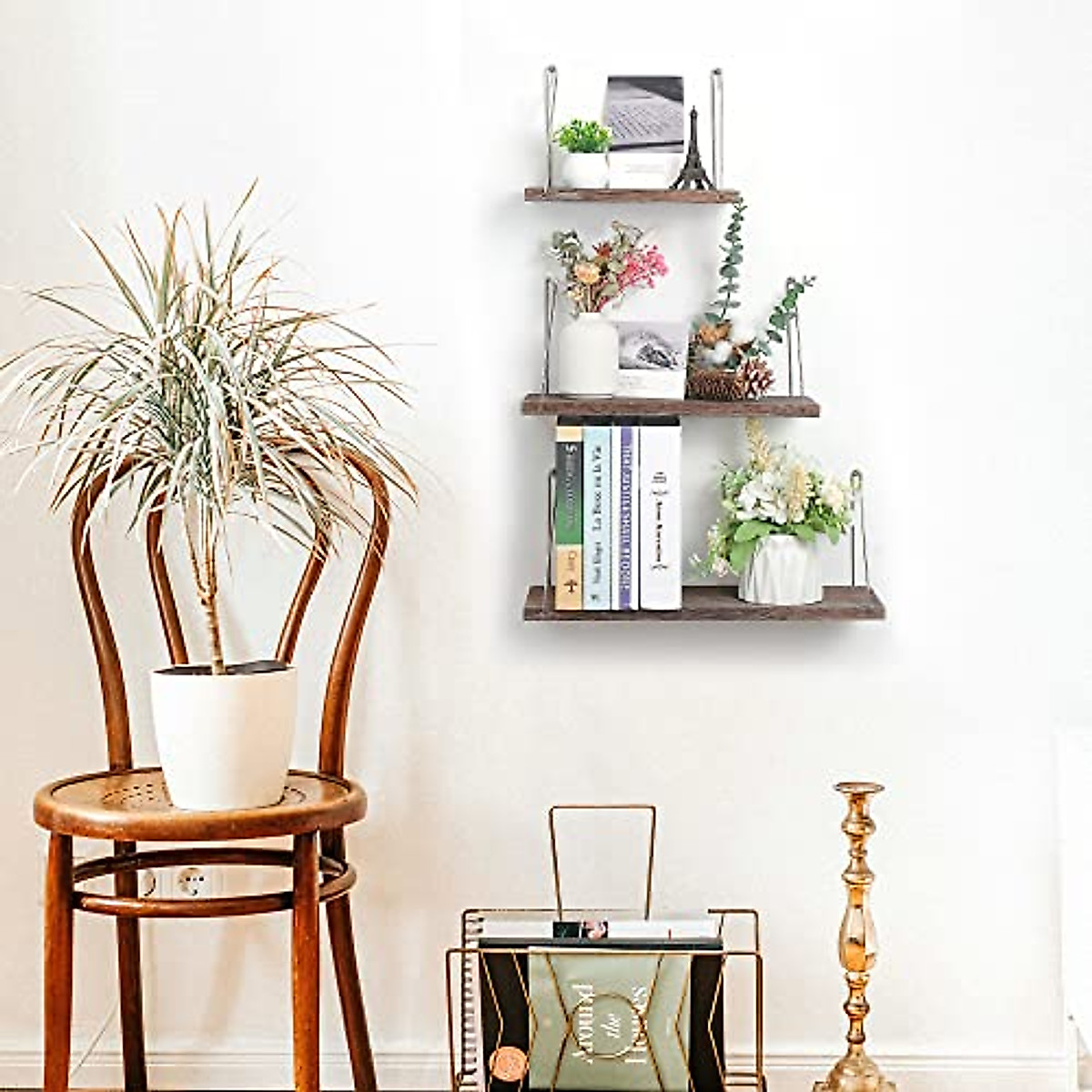 MITIME Floating Shelves Set of 3 Rustic Solid Wood Floating Shelf Wall Storage Shelves for Living Room, Bedroom, Bathroom, Kitchen Laundry, Office (Retro Color L+M+S)