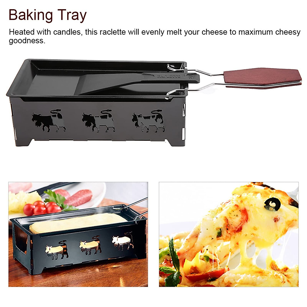 Portable Candlelight Cheese Raclette Non Stick Rotaster Baking Tray Stove Set Carbon Steel Home Kitchen Grilling Tool with Wood Handle