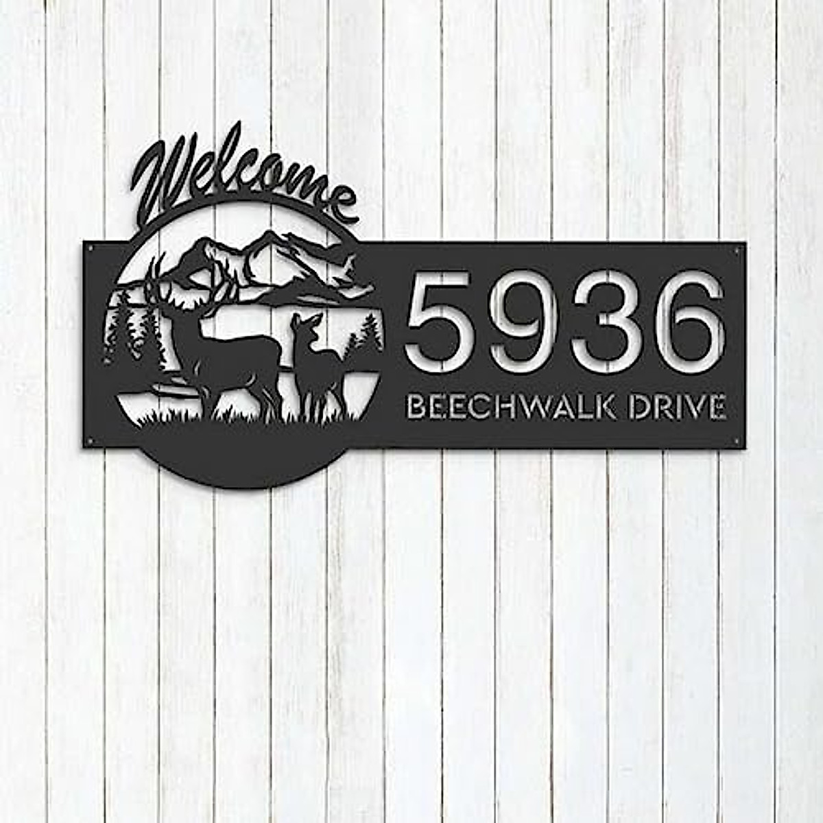 Personalized Couple Deer Mountain Scene Wildlife Welcome Address Sign House Number Plaque Custom Metal Sign 8x8 inches Black Power Coated Home Outdoor Decor Housewarming Gifts