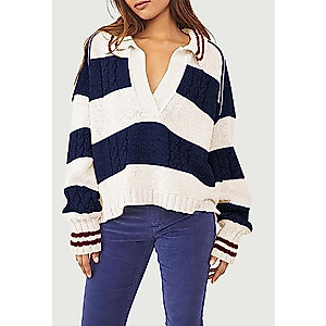 Meenew Women's Baggy Loose Knit Sweater Plunge V Neck Long Sleeve Fashion Loose Crop Tops Dark Blue S