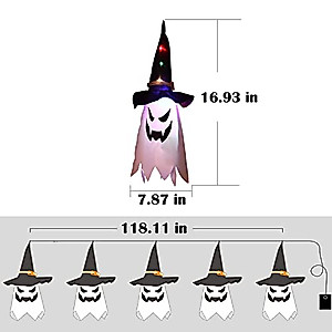 BVPKTO Halloween Decorations, 5-Pack LED Lantern String Lights, Wizard Hat Ghost Hanging Lights, Spooky Atmosphere Halloween Party Decorations for Indoor Porches or Patio Gardens (Ghost)