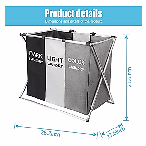 Laundry Cloth Hamper Sorter Basket Bin Foldable 3 Sections with Aluminum Frame Washing Storage Dirty Clothes Bag for Bathroom Bedroom Home Storage Basket (Black+Gray+Dark grey, 3 Liner)