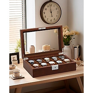 GUKA Watch Box, Luxury 10 Slot Watch Case with 55MM Wide Velvet Pillows, Watch Organizer Storage with Real Glass Lid, Watch Display Case for Men and Women Gift, Brown