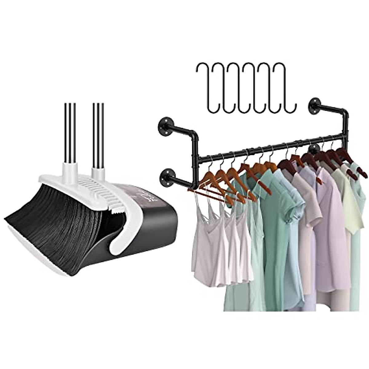 Industrial Pipe Clothes Rack for Hanging Clothes Coats Laundry Room Organizer Storage Hanger Shelf Space Saving, Long Handle Broom and Dustpan Set