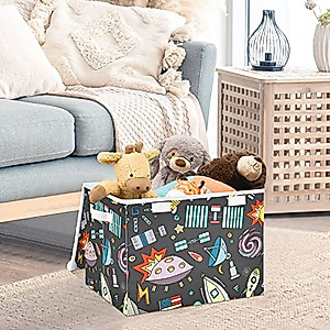 Krafig Abstract Cartoon Space Foldable Storage Box Large Cube Organizer Bins Containers Baskets with Lids Handles for Closet Organization, Shelves, Clothes, Toys