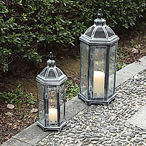 Set of 2 Outdoor Lantern 24.5"&18" High Decorative Candle Lanterns Metal Candle Holder with Tempered Glass Fall Decorations for Home Garden Patio Living Room Indoor Home Yard Hallway Doorway(Grey)