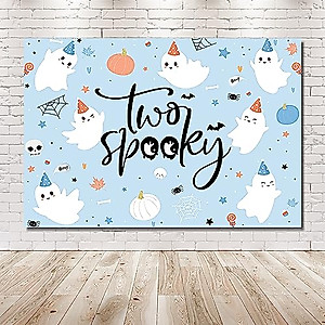 MEHOFOND 7x5ft Halloween Two Spooky Blue Backdrop Little Boo Happy 2nd Birthday Party Decoration Banner Supplies for Boys Spooktacular Happy Booday Photography Background Photo Studio Props