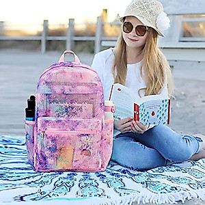 CAMTOP Mesh Backpack for Kids Girls Semi-Transparent See Through Sturdy School Bookbag Casual Daypack for Beach Swim Work Gym (Tie Dye Pink)