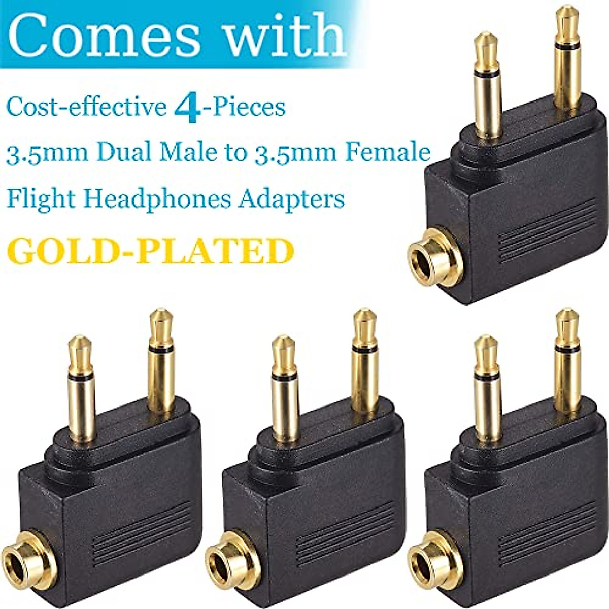 Warmstor Dual 3.5mm Male to 3.5mm Female Airplane Airline Flight Headphones Adapter Gold Plated (4 Pack)