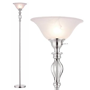 Silver Standing Lamp Floor Lamp For Living Room with White Alabaster Glass Shade- Stand Up Lamp Torchiere- Durable Iron Scrollwork And Glass Construction - Pole Lamp with Brushed Nickel Finish