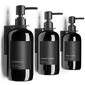 Stylish Shampoo and Conditioner Dispenser Set of 3 for Wall Mount - Modern Drill Free 21oz Shower Soap Bottles with Labels - Easy Refill Body Wash Dispensers for an Instant Bathroom Decor Upgrade
