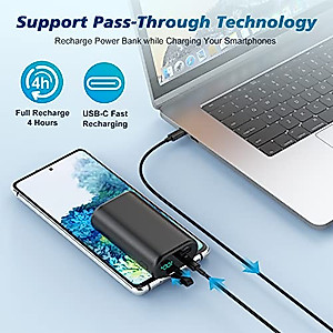 Small Portable Charger 10800mAh with Built-in USB-C Cable, Mini PD 3A Fast Phone Charging Power Bank,LCD Display Android Charger Battery Pack Compatible with Samsung Galaxy S22/S21,Note,Moto,LG