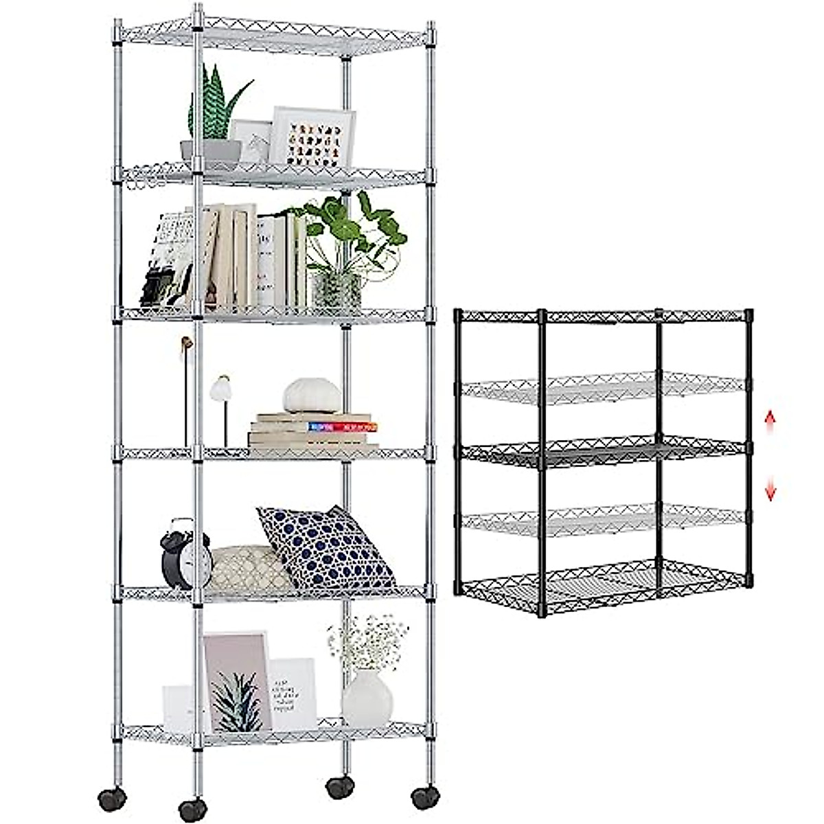 Devo 6-Tier Wire Shelving Unit, Adjustable Metal Shelving for Storage, Heavy Duty Wire Storage Racks with Side Hooks, Pantry Shelves for Garage, Kitchen, Living Room, Bathroom (Upgrade Silver)