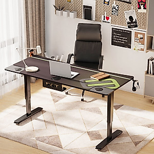 It's_Organized 63 Inch Large Height Adjustable Gaming Desk, Black Home Office PC Computer Manual Standing Curved Edge Table Gamer Workstation with Handle Rack Cup Holder Headphone Hooks Full Mouse Pad