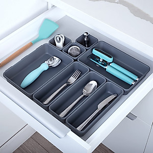 Smart Design Interlocking Drawer Organizer - 8 Piece Set - BPA Free - Utensils, Flatware, Office, Personal Care, or Makeup Storage - Kitchen - Graphite Gray