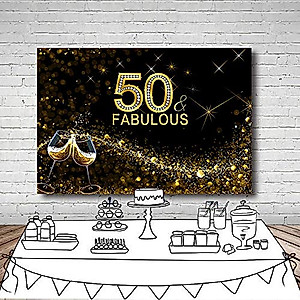 MEHOFOTO Glitter Gold and Black 50 and Fabulous Photo Studio Booth Background Wine Glass Bokeh Shiny Adult Happy 50th Birthday Party Decoration Banner Backdrops for Photography 7x5ft
