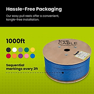 trueCABLE Cat6A Plenum (CMP), 1000ft, Blue, 23AWG 4 Pair Solid Bare Copper, 750MHz, PoE++ (4PPoE), ETL Listed, Unshielded Twisted Pair (UTP), Bulk Ethernet Cable