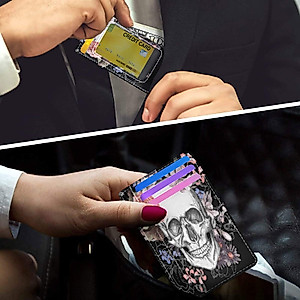 Linomo Thin leather Card Holder and Money Clip Floral Sugar Skull Face Print Wallet RFID Blocking for Men & Women