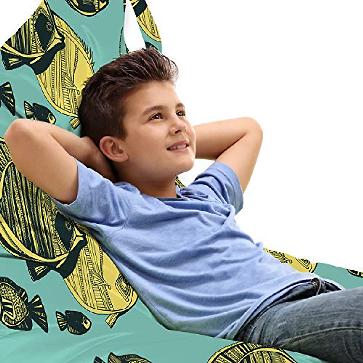 Lunarable Fish Lounger Chair Bag, Hand-Drawn Graphic Ocean River Marine Underwater Theme, High Capacity Storage with Handle Container, Lounger Size, Pale Yellow Pale Blue