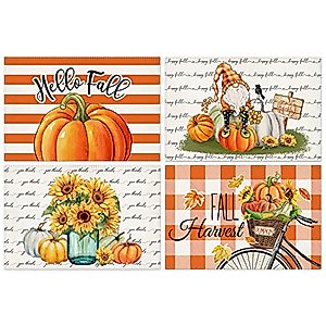 Fall Pumpkin Gnomes Placemats for Dining Table, 12 x 18 Inch Autumn Sunflower Bicycle Thanksgiving Seasonal Holiday Decoration Rustic Washable Table Mats Set of 4