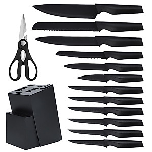 Knife Set, 14 Pieces Kitchen Knife Set with Built-in Sharpener Block, Self Sharpening Knives Sets, Stainless Steel Knife Block Set, Black