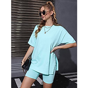 Halfword Womens Summer Two Piece Workout Sets Casual Oversize T-Shirt Tops Biker Shorts Sport Tracksuit Lounge Sets LightGreen XL