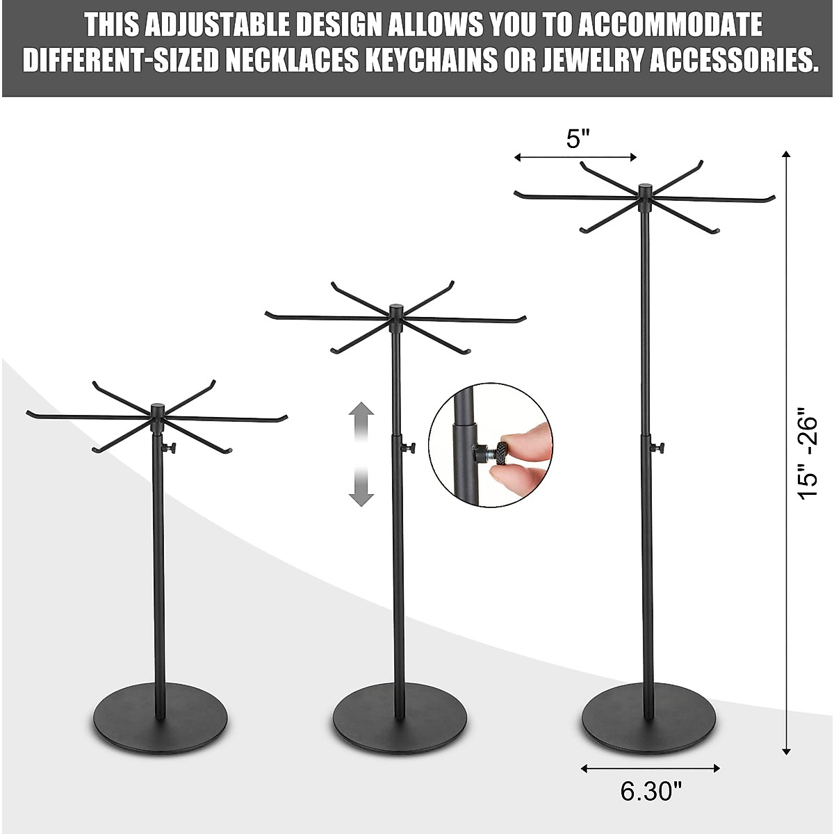 bjewego Rotating Keychain Display Stand - Height-adjustable Black Metal Jewelry Organizer - Long Necklace Display Stand with 6 Hook - Easy Clean, Scratch-resistant Display Racks for Craft Shows