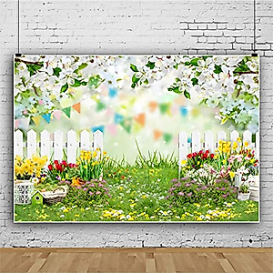 10x8ft Spring Forest Flower Backdrop, Garden Floral Tree Fence Grassland Photography Background Baby Shower Kids Birthday Party Decor Portrait Banner Photo Booth Studio Props