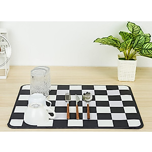 Dish Drying Mat, Kichen Mats, Easy clean, Heat-resistant PVC Mats for Kitchen Counter, Coffee, Bars, Restaurants Counter Top, Kitchen Mat Contain Diatomaceous earth (20x16 Inch Black-White Plaid)