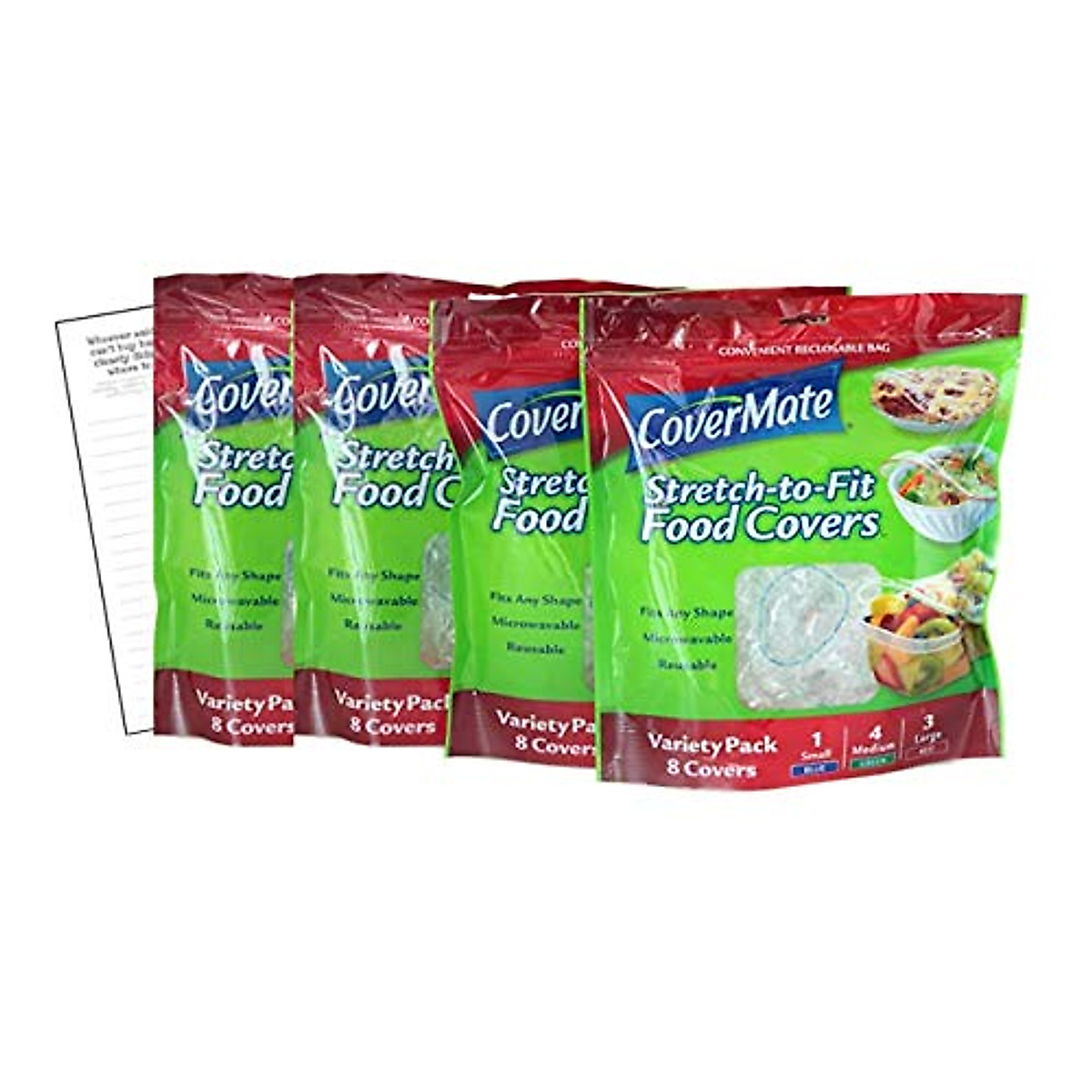 Covermate Stretch-to-fit Food Covers 4pk plus Convenient Magnetic Shopping List by Harper & Ivy Designs, Reusable, Dishwasher Safe, Microwavable, BPA/PVC Free, Great for Leftovers, Heavy Duty, 3 Sizes